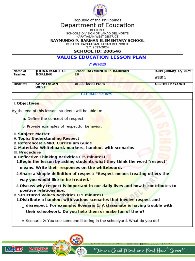 Catch Up Lesson Plan Grade 4 | PDF | Self Esteem | Lesson Plan