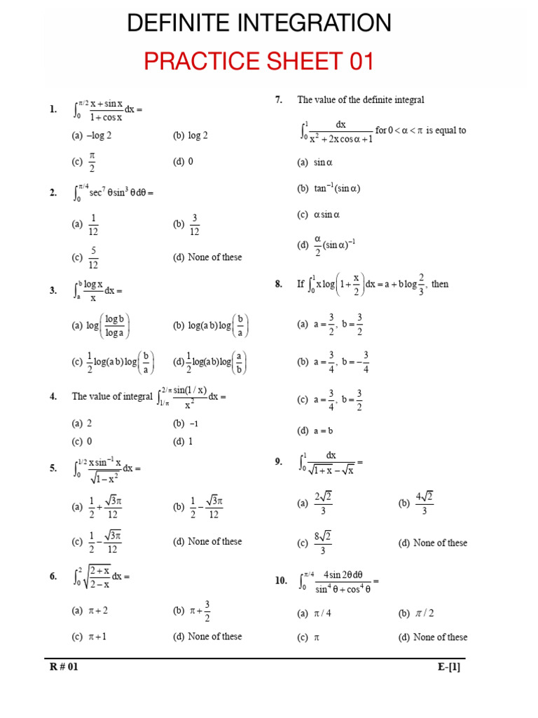 Definite Integration PRACTICE SHEETS (PART 01) | PDF | Trigonometric Functions | Function ...
