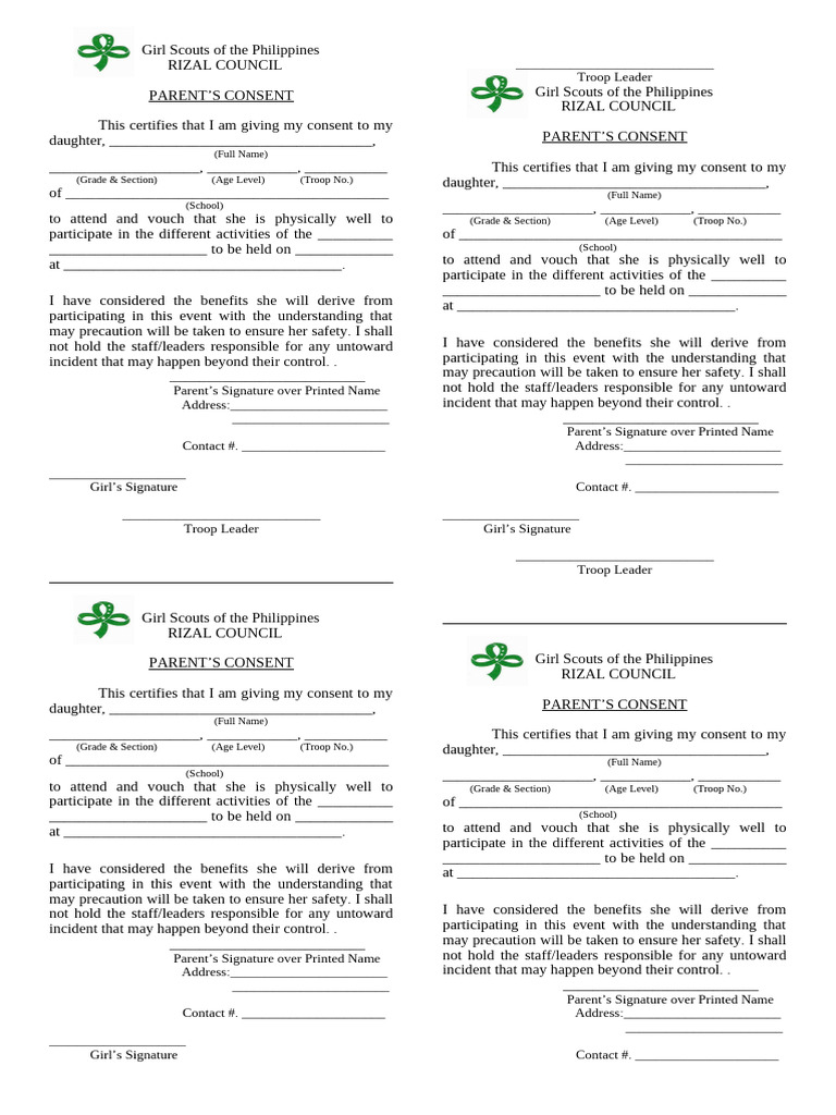 Girl Scouts Parent Consent Form | PDF | Scouting | Scouting And Guiding