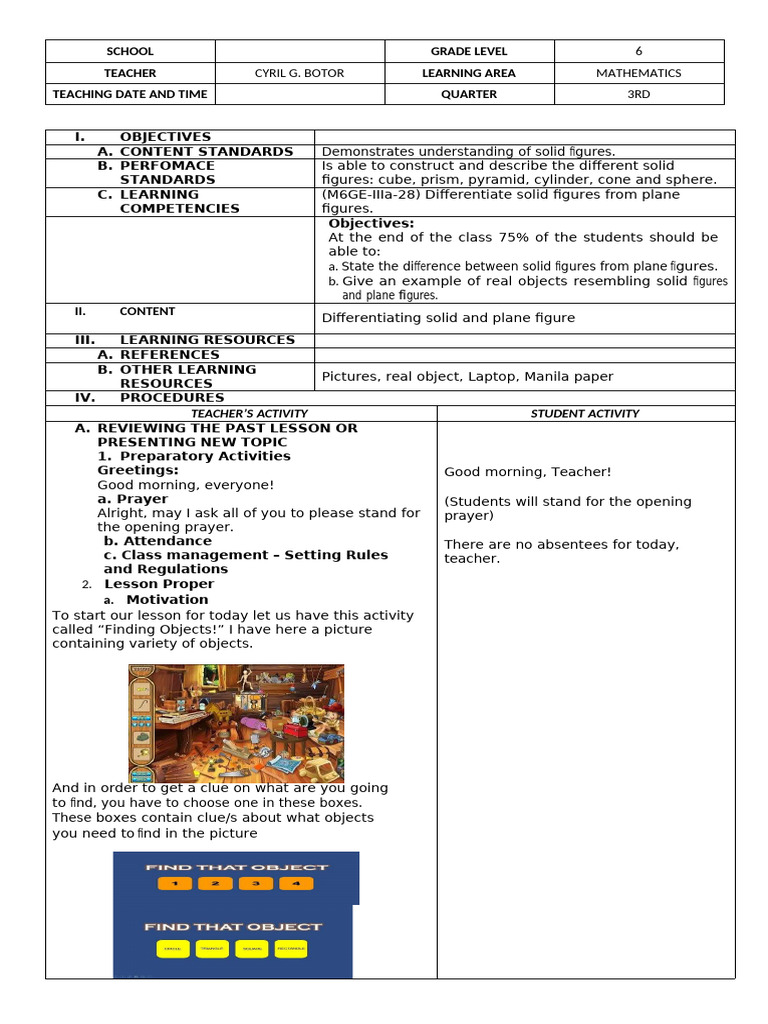 Solid and Plane Figures Final | PDF | Shape | Teachers