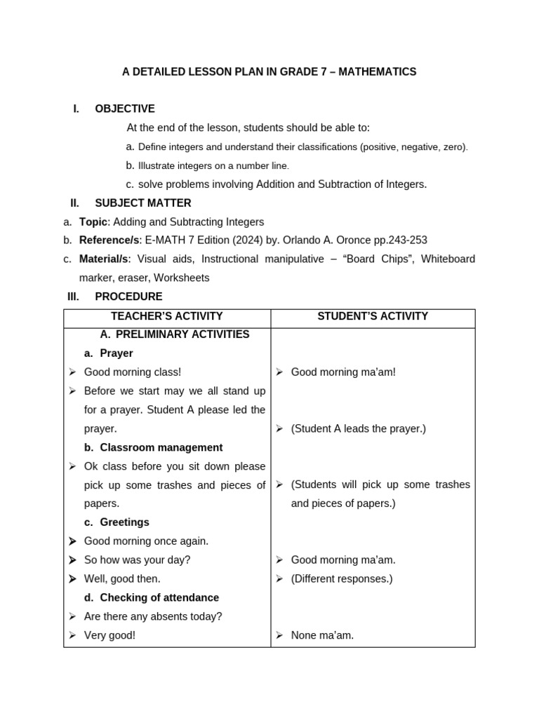 A DETAILED LESSON PLAN IN GRADE 7 | PDF | Numbers | Integer