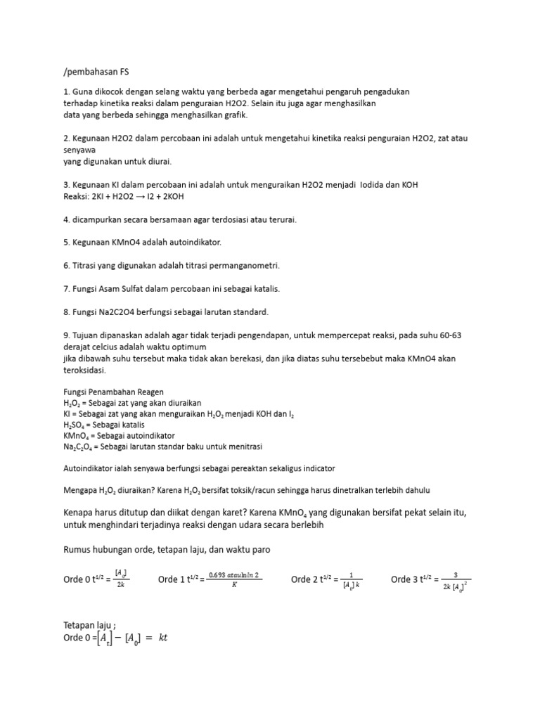 MATERI KINETIKA REAKSI PENGURAIAN H2O2.docx | PDF
