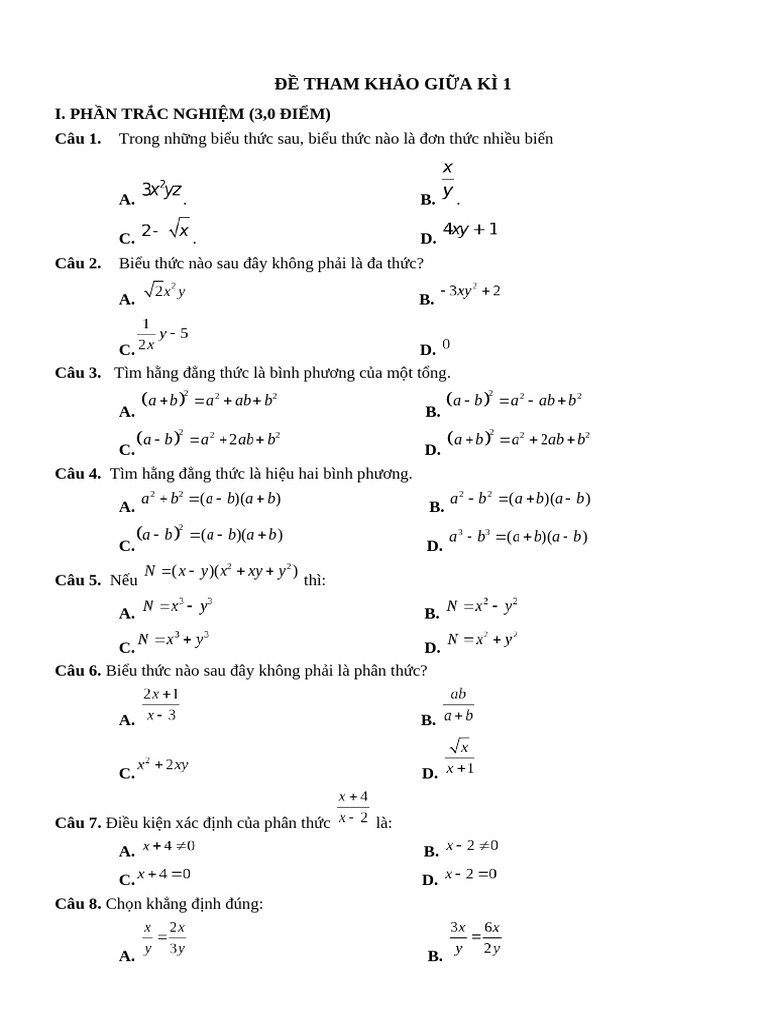 De Tham Khao GK1 - Toan 8 - Đề 8 | PDF