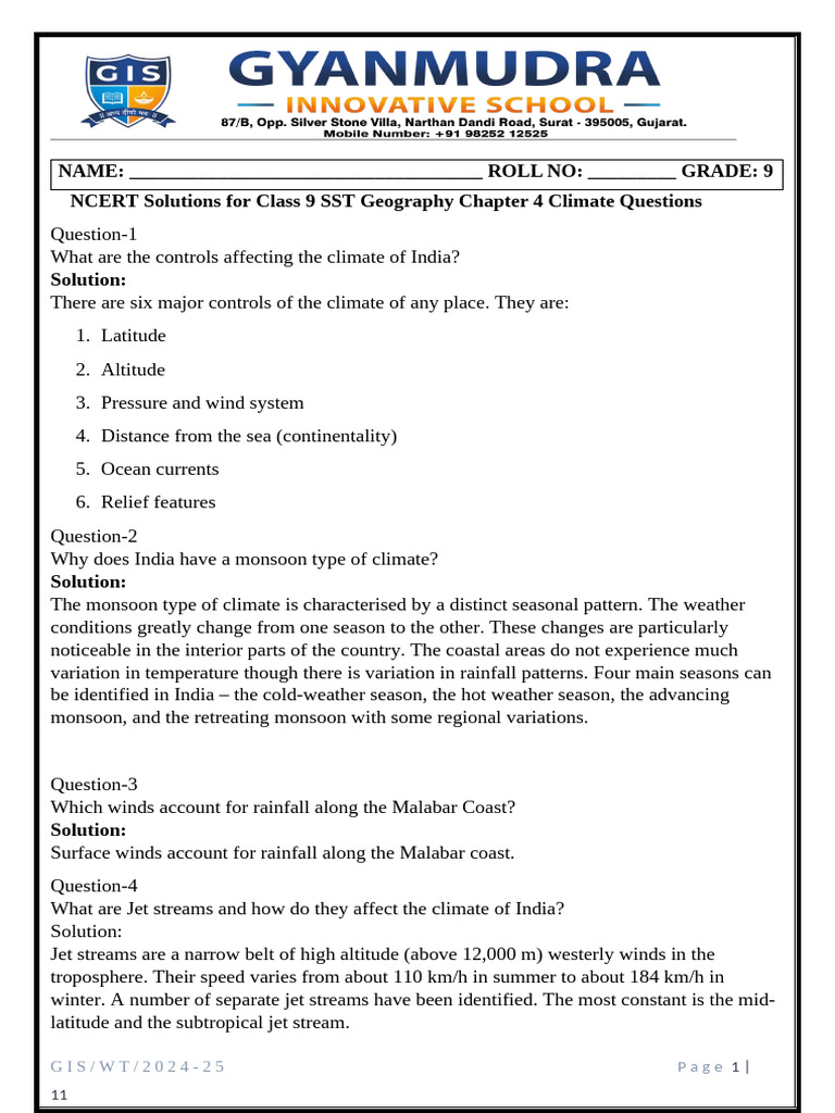 NCERT Class 9 SST Geography Climate Guide | PDF | Monsoon | Rain