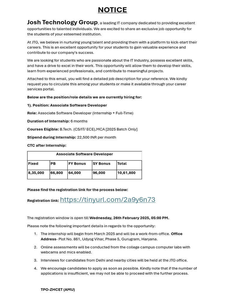 Josh Technology Internship Opportunity | PDF