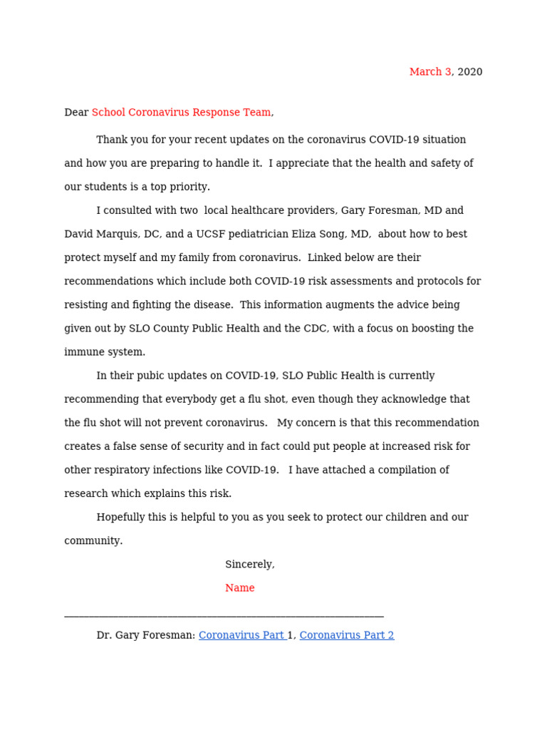 COVID-19 Response Letter To Schools | PDF | Influenza Vaccine | Influenza