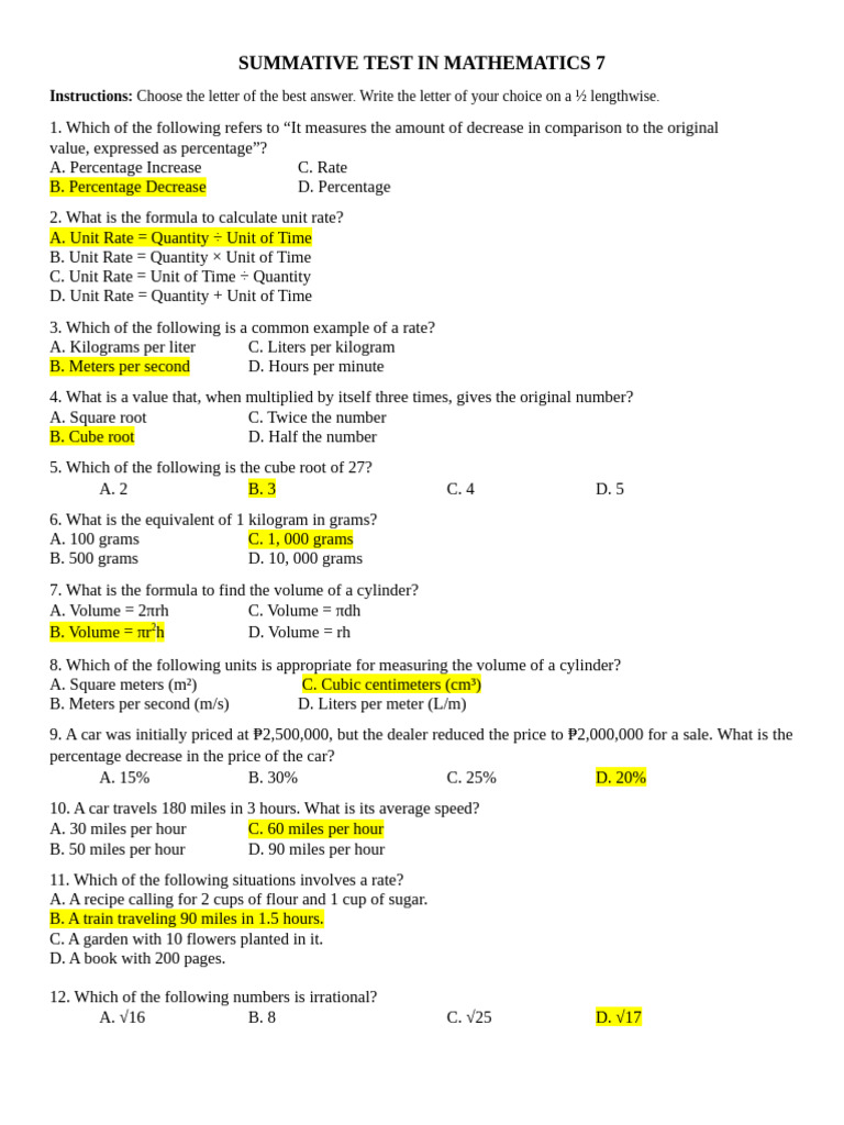Mathematics 7 Summative Test Guide | PDF | Litre | Volume