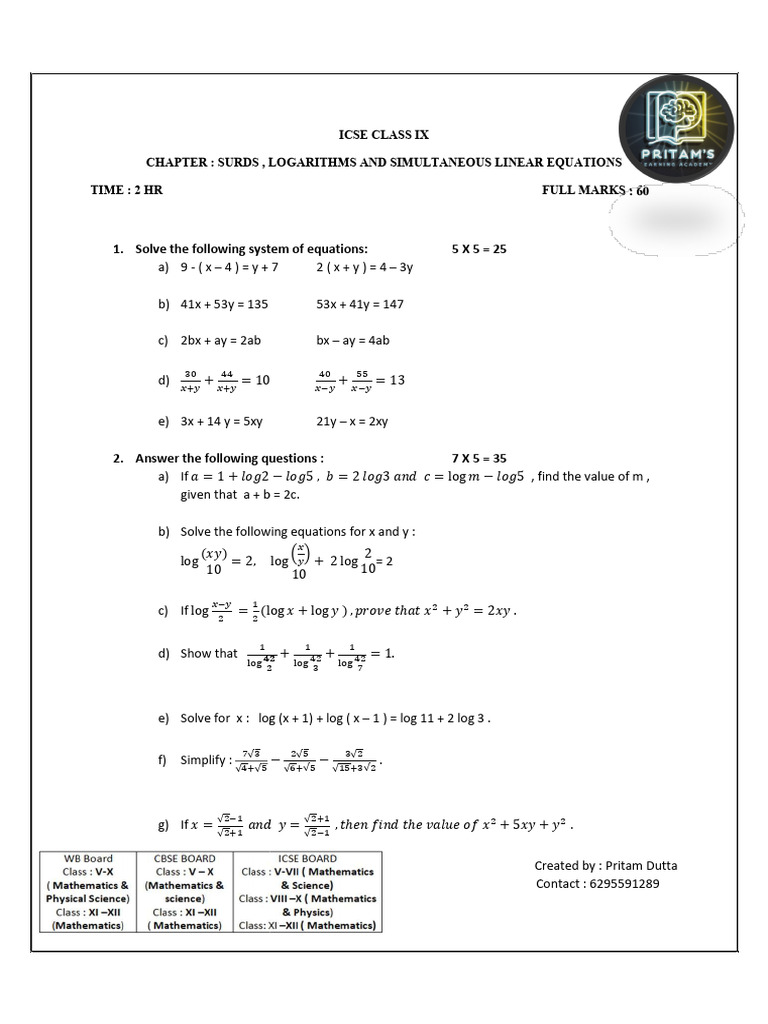 Icse Class ix surds, logarithms,simultaneous linear equations | PDF