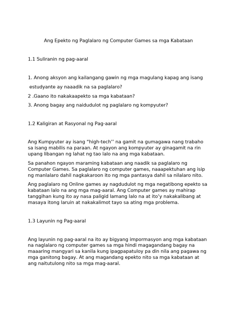Ang Epekto NG Paglalaro NG Computer Games NG Mga Kabataan | PDF