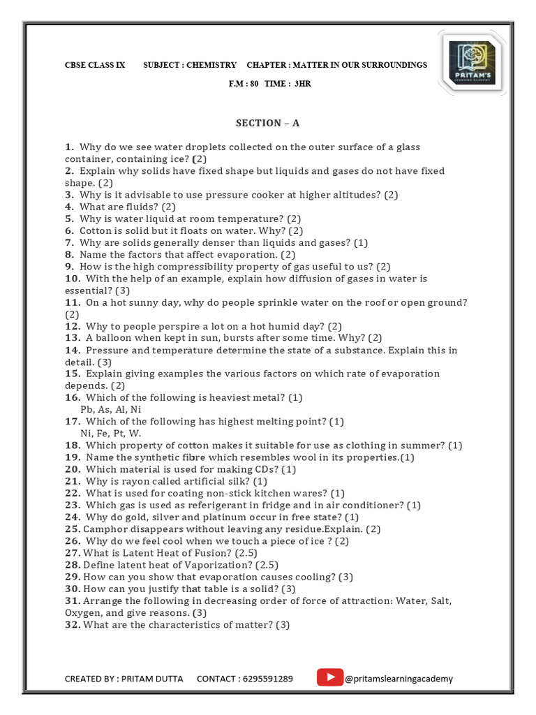 Class 9 Chemistry: Matter Questions | PDF | Gases | Water
