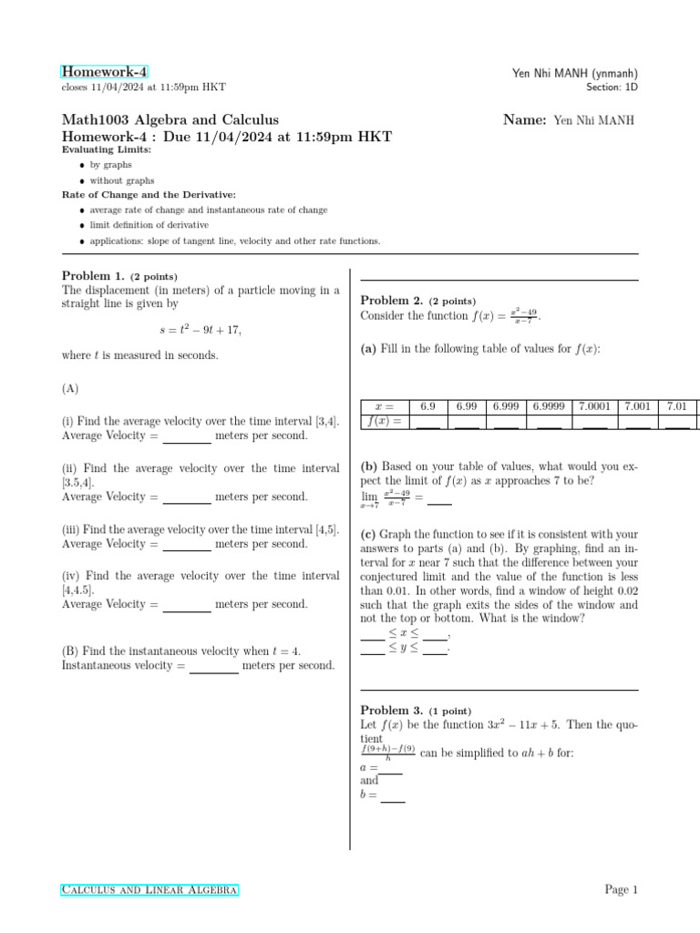 2024 FALL MATH1003.Ynmanh - Homework-4 | PDF | Derivative | Slope