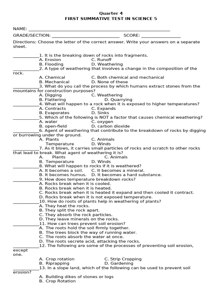 First Summative Test in Science 5-Q4 | PDF | Weathering | Rock (Geology)