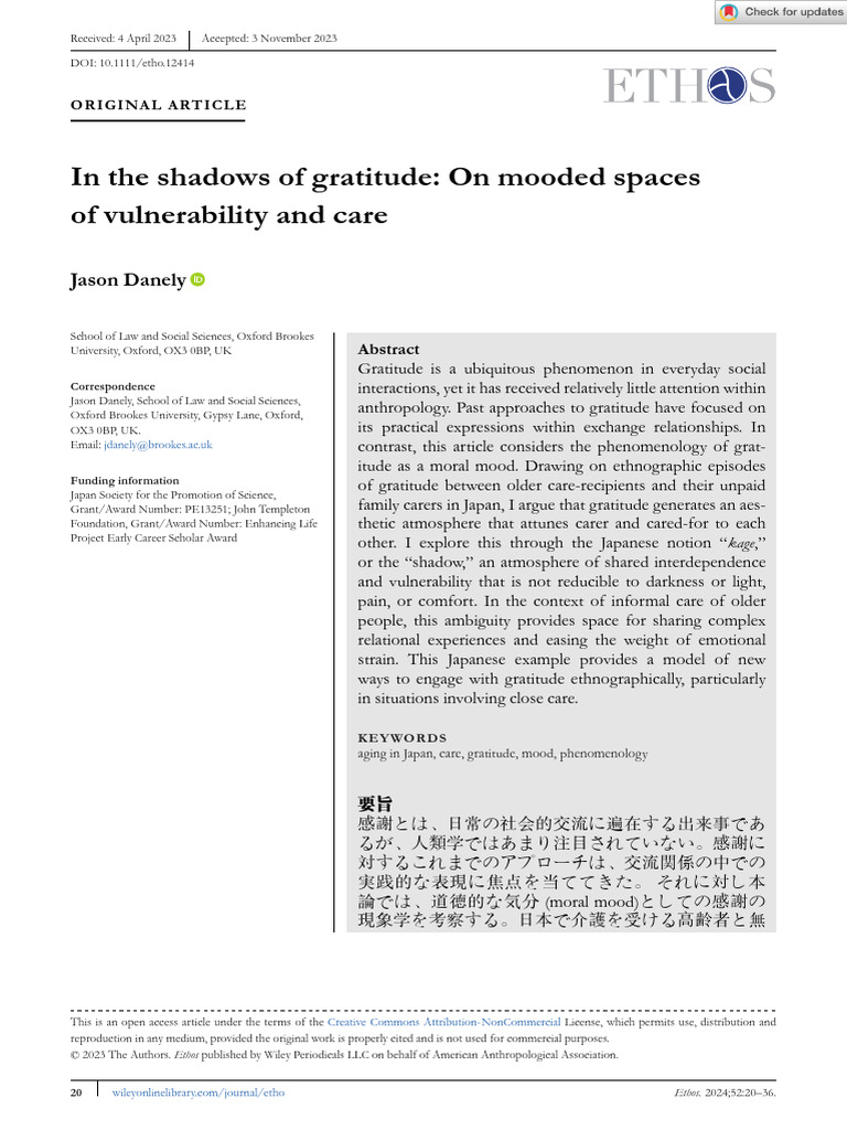 Ethos - 2023 - Danely - in The Shadows of Gratitude On Mooded Spaces of Vulnerability and Care ...