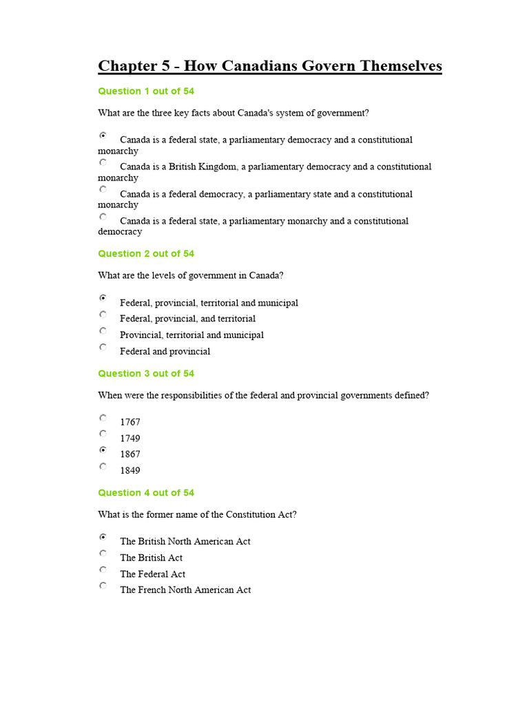 Chapter 5 - How Canadians Govern Themselves (54 Questions) | PDF ...