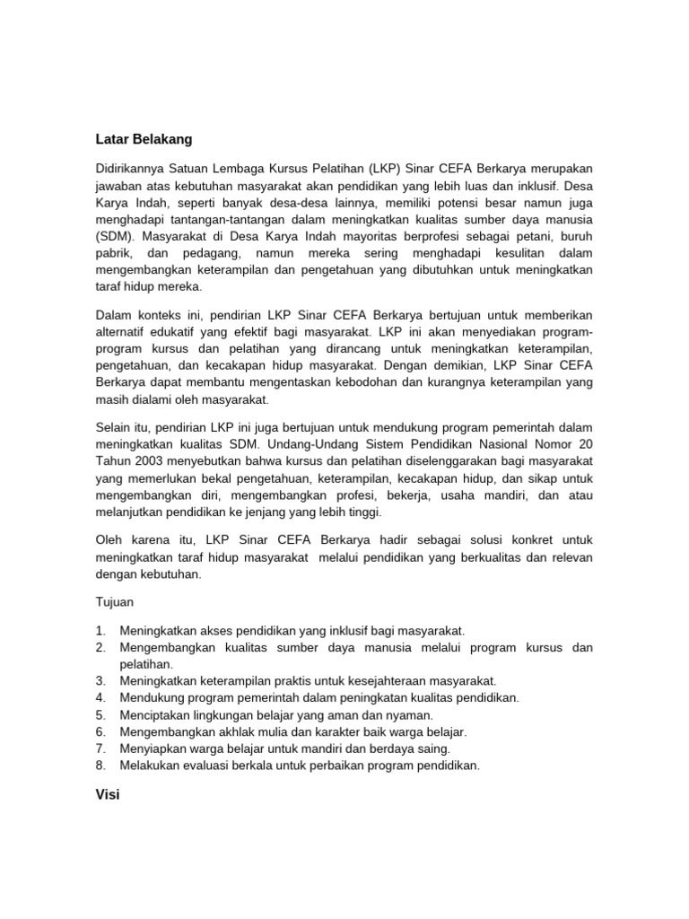 Latar Belakang, visi, misi LKP | PDF