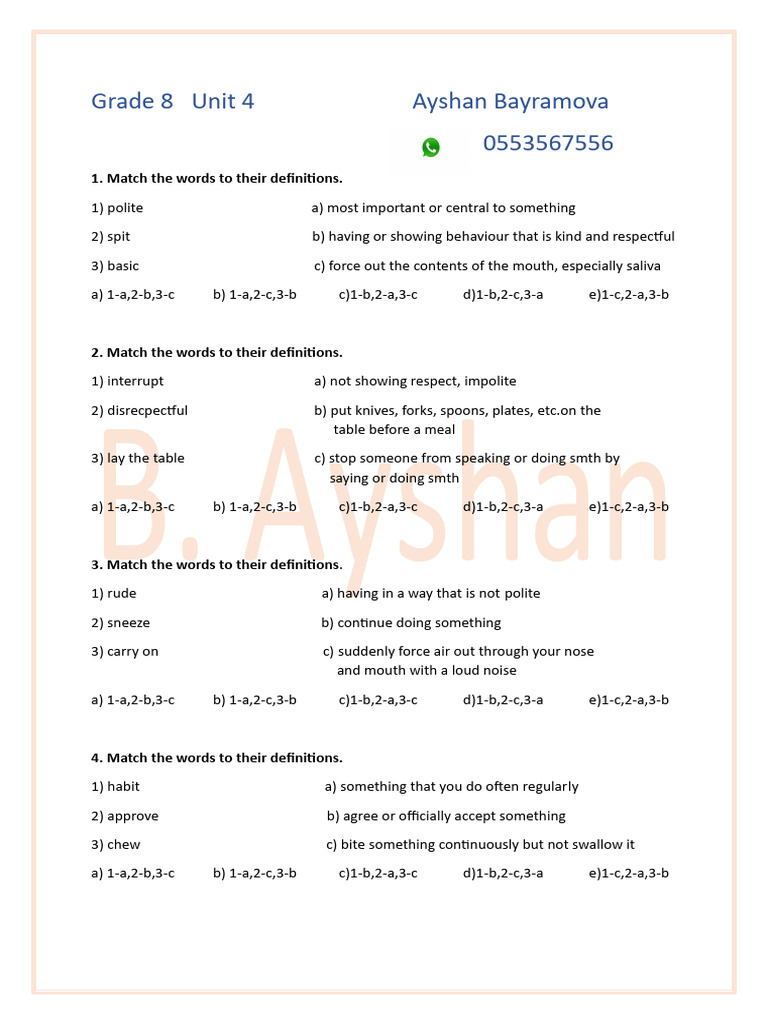 Vocabulary Matching Exercise for Grade 8 | PDF