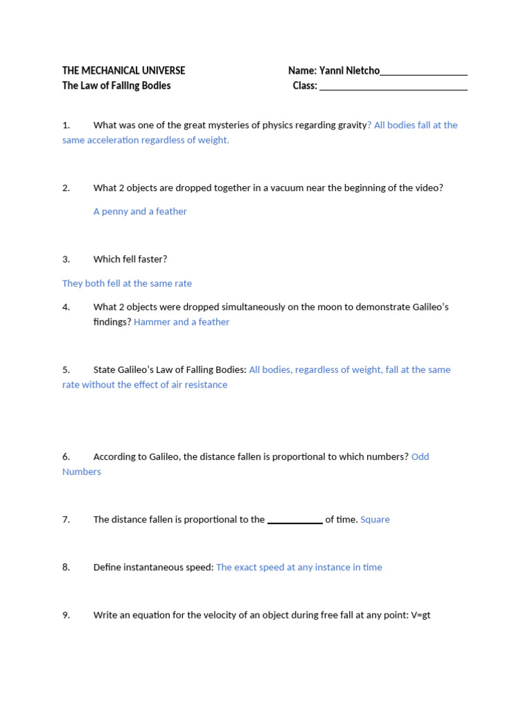 The Law of Falling Bodies-HW | PDF