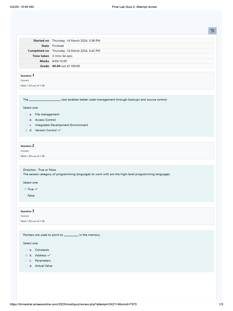 Final Lab Quiz 2 - Attempt Review Comprog | PDF | Pointer (Computer ...