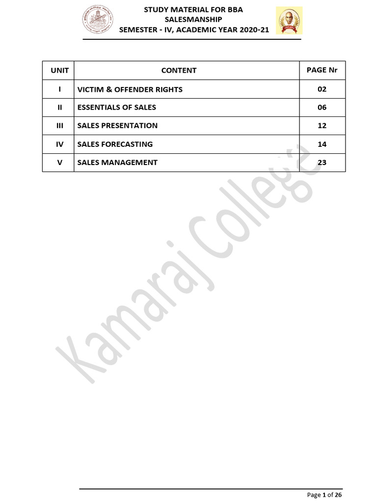 e004 Core 12 - Salesmanship - IV Sem | PDF | Sales | Forecasting