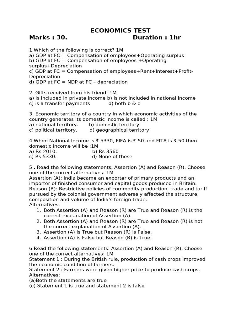 Economics Test: National Income Concepts | PDF | Measures Of National ...