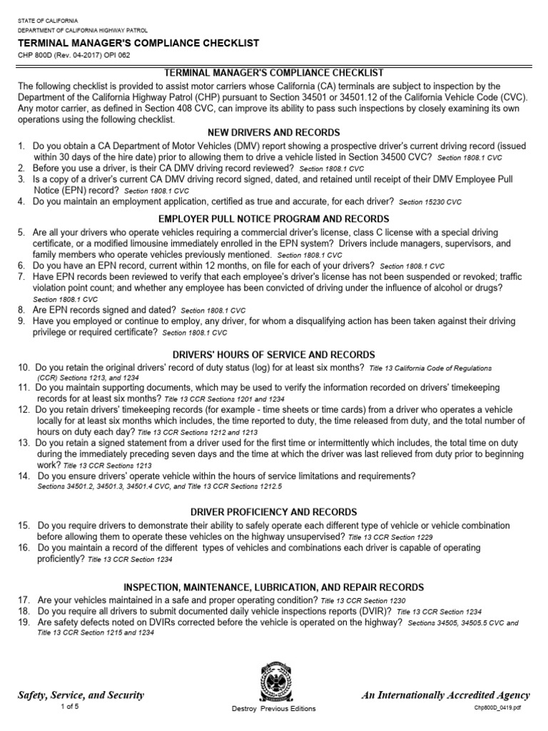 CHP Terminal Manager Compliance Checklist | PDF | Department Of Motor ...
