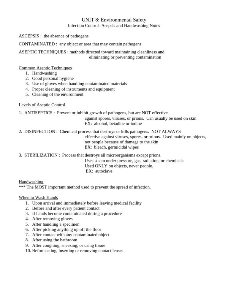 Infection Control - Asepsis and Handwashing Notes | PDF | Medical ...