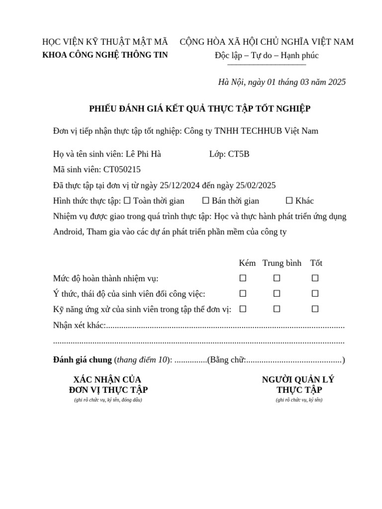 Phieu Danh gia ket qua thuc tap_lephiha | PDF