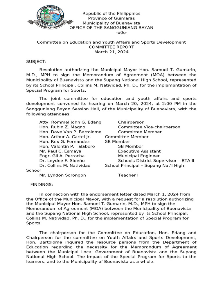 Committee Report-SPS Supang NHS | PDF