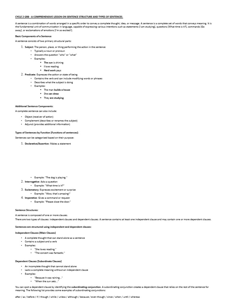 Comprehensive Guide to Sentence Structure | PDF | Sentence (Linguistics ...