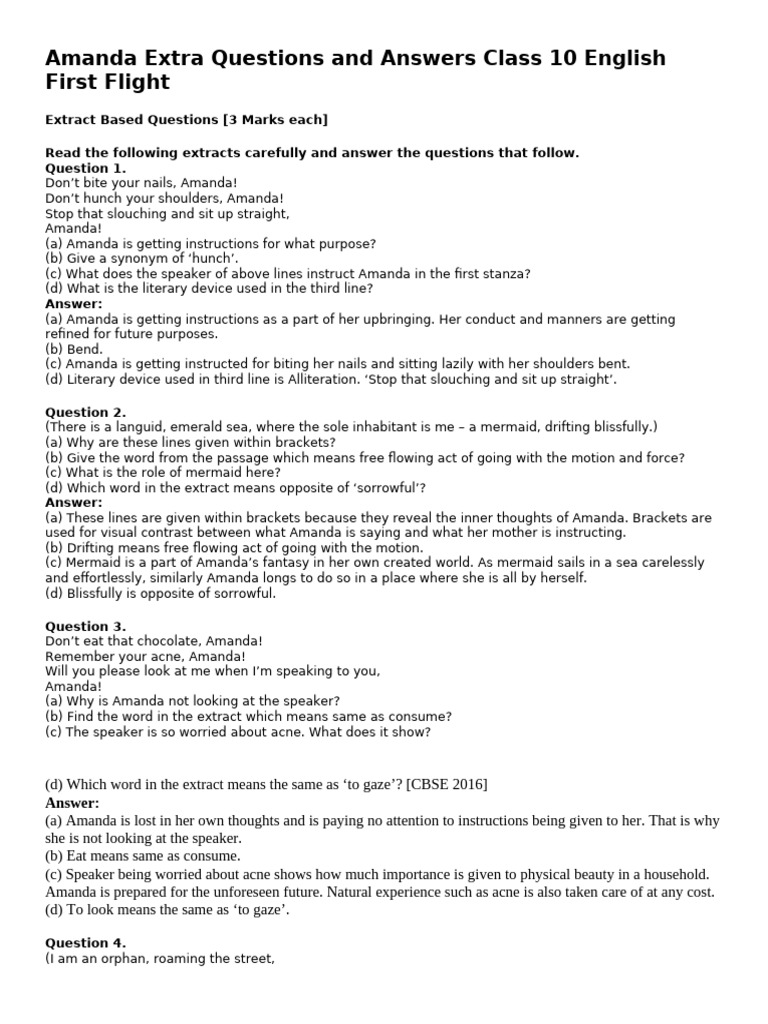 Amanda Extra Questions and Answers Class 10 English First Flight - Copy ...