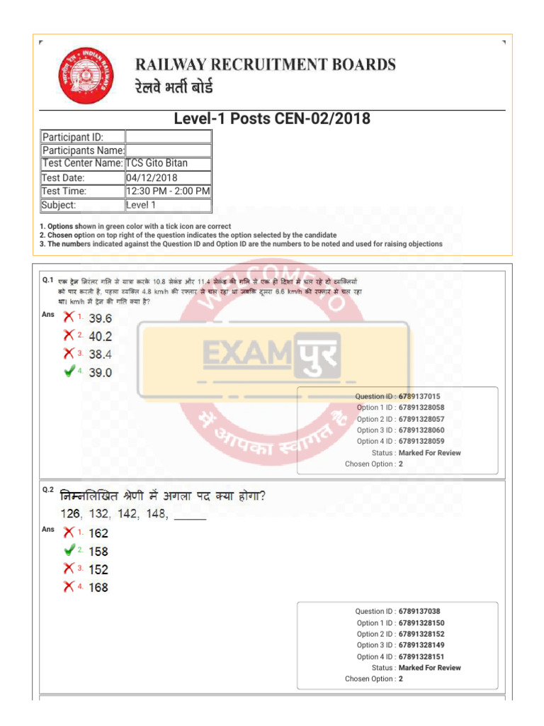 Level-1 Posts CEN-02/2018: Participant ID: Participants Name: Test ...