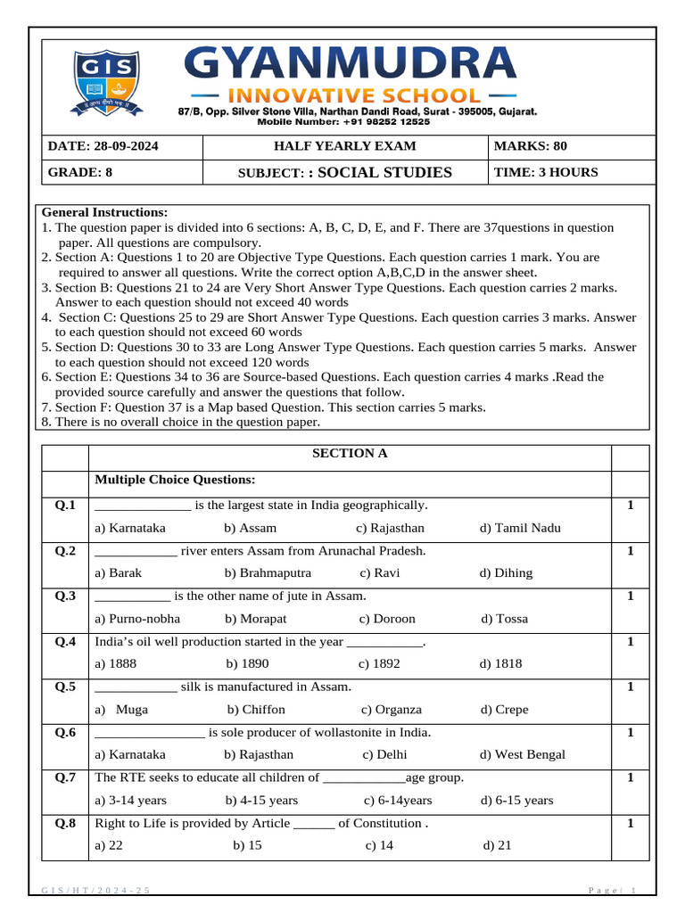 Class 8 SST Half Yearly Exam Paper | PDF