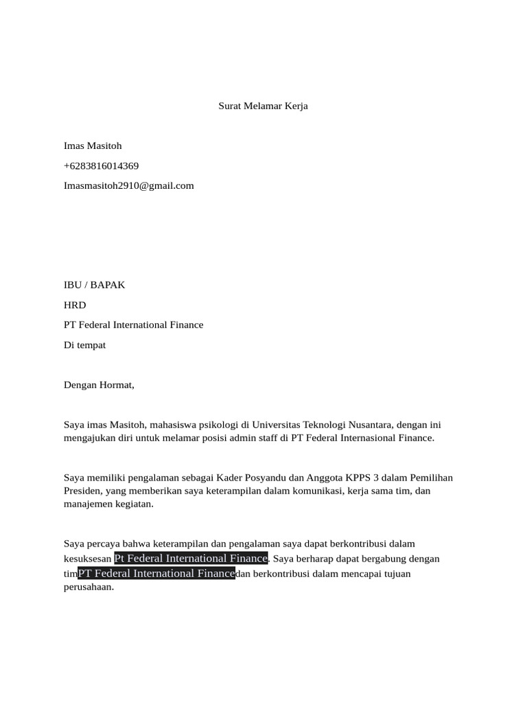 Surat Lamaran Kerja Imas Masitoh | PDF