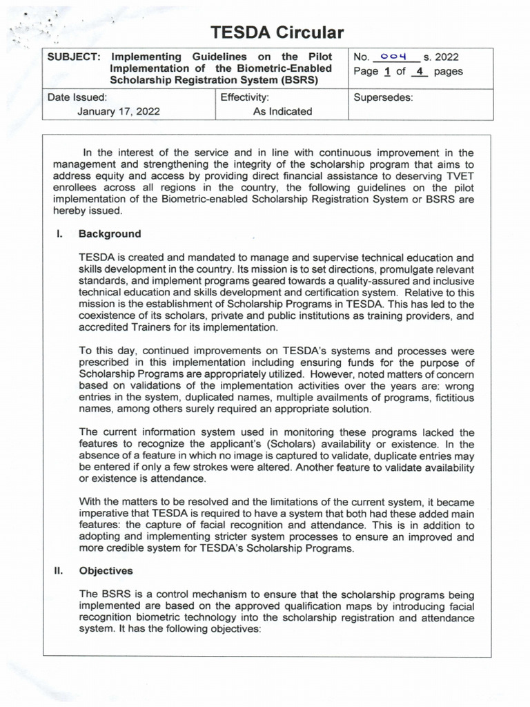 TESDA Circular No. 004-2022 BSRS Guidelines | PDF | Biometrics | Computing