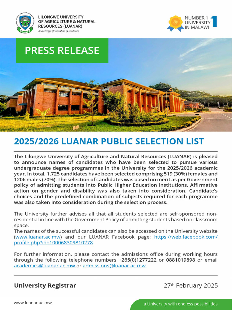 LUANAR 2025/2026 Selection List | PDF
