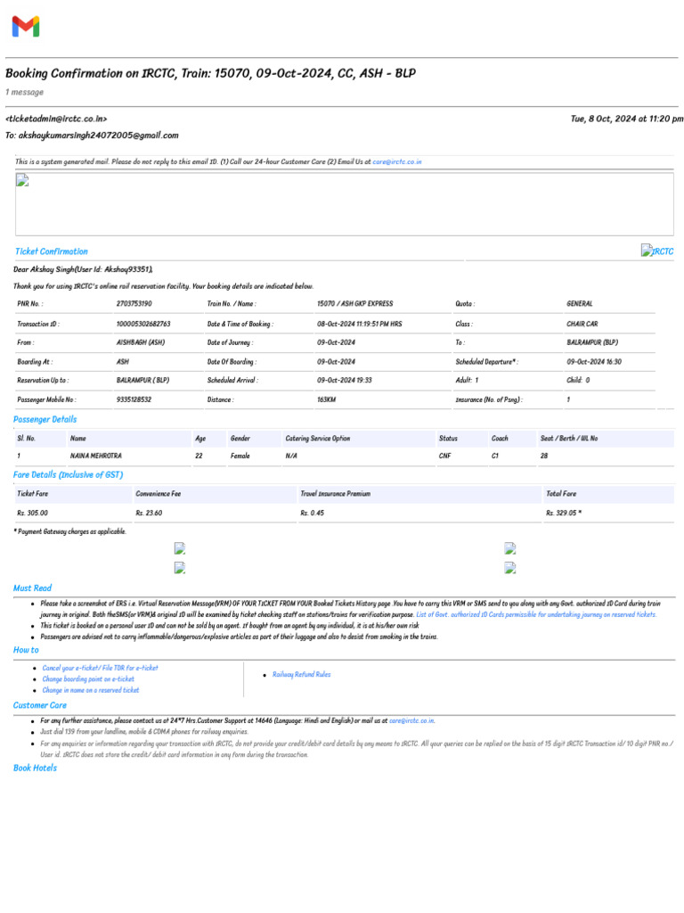 IRCTC Train Ticket Confirmation | PDF | Service Industries