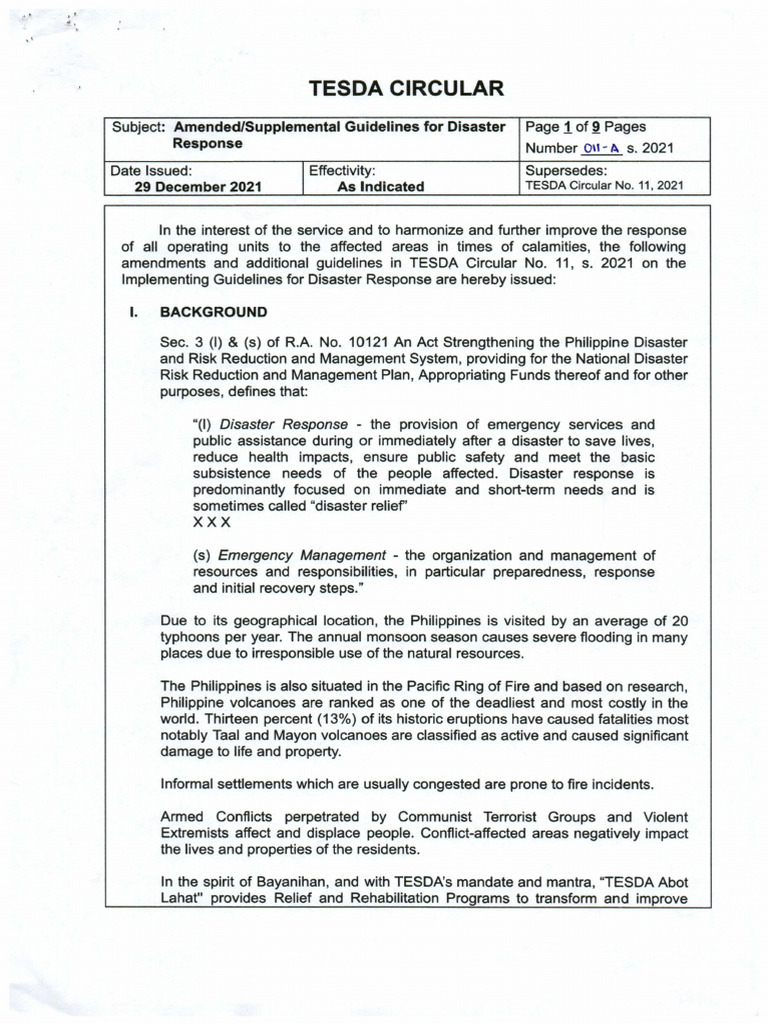 TESDA Circular No. 011-A-2021 Amended Supplemental Guidelines For ...