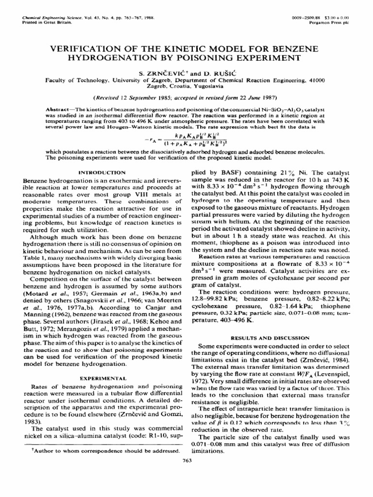 Kinetic Model Verification for Benzene Hydrogenation | PDF | Catalysis ...