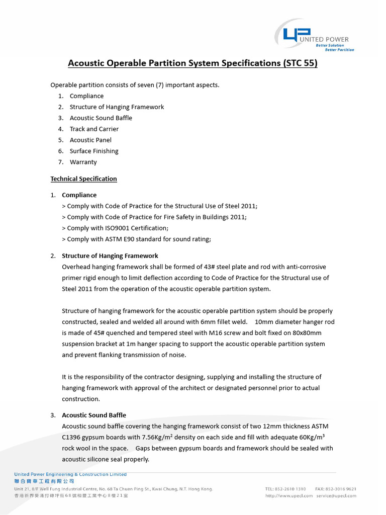 Acoustic Operable Partition System Specifications (STC55) | PDF | Steel ...