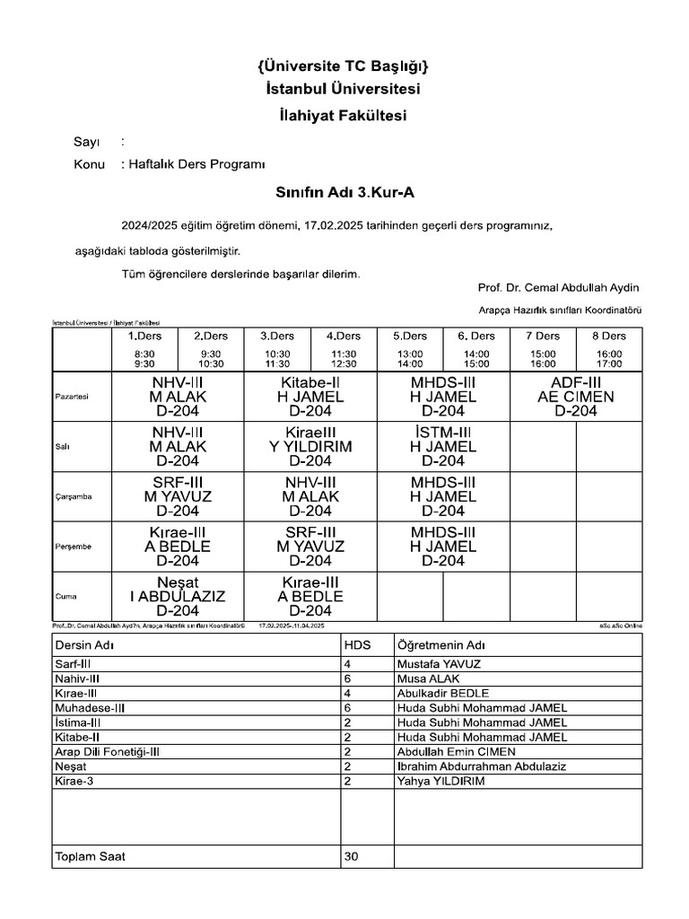 3. DÖNEM DERS PROGRAMLARI | PDF