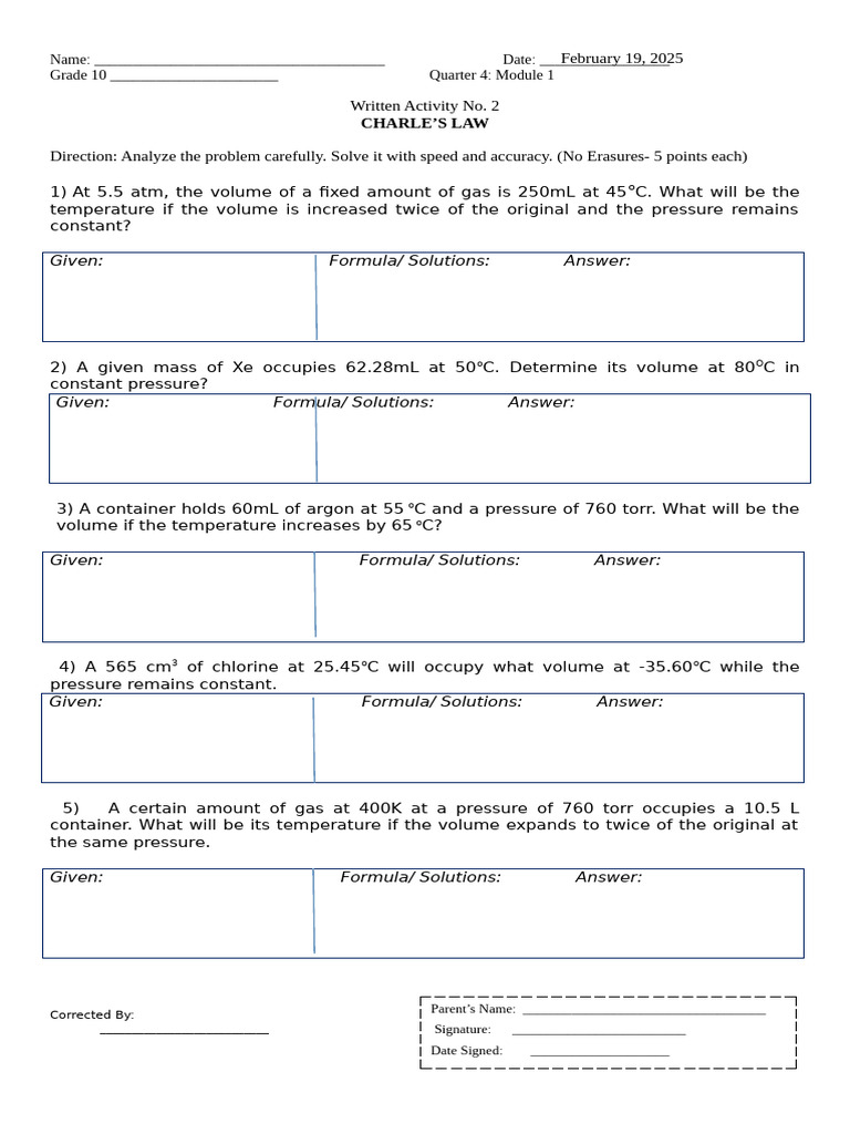 Charle's Law Problem Set for Grade 10 | PDF