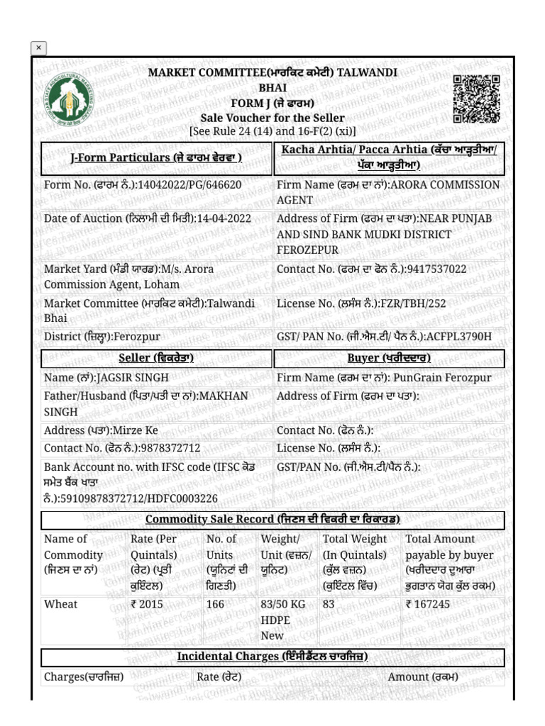 Talwandi Bhai Market Sale Voucher | PDF