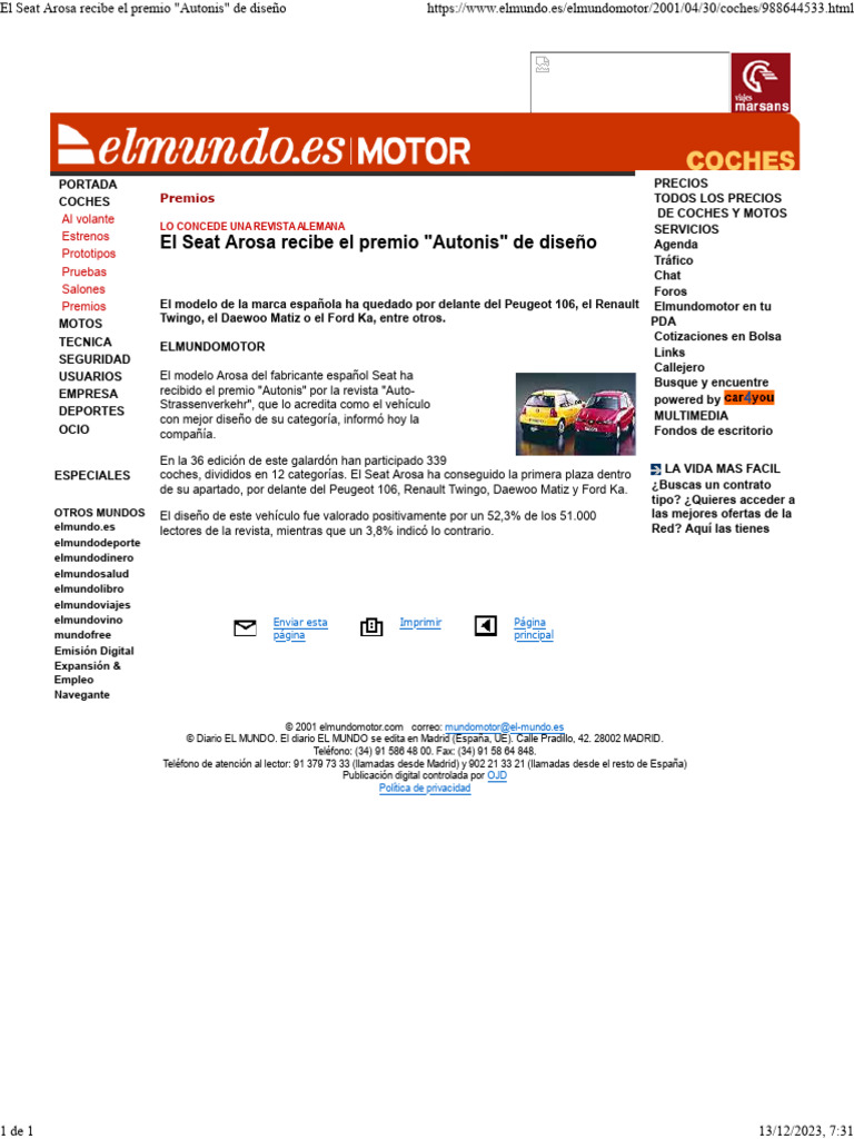Seat Arosa: Premio Autonis al Mejor Diseño | PDF | Vehículo de motor ...