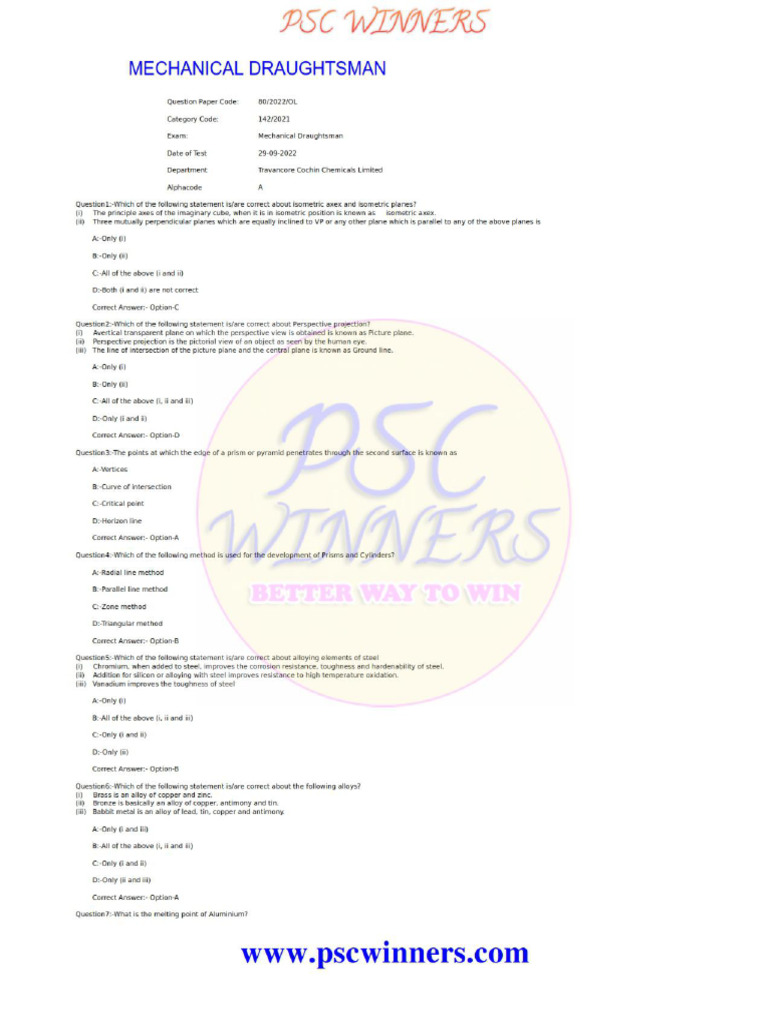 Kerala PSC Mechanical Draughtsman - 2022 September Solved Question Paper@psc Winners | PDF