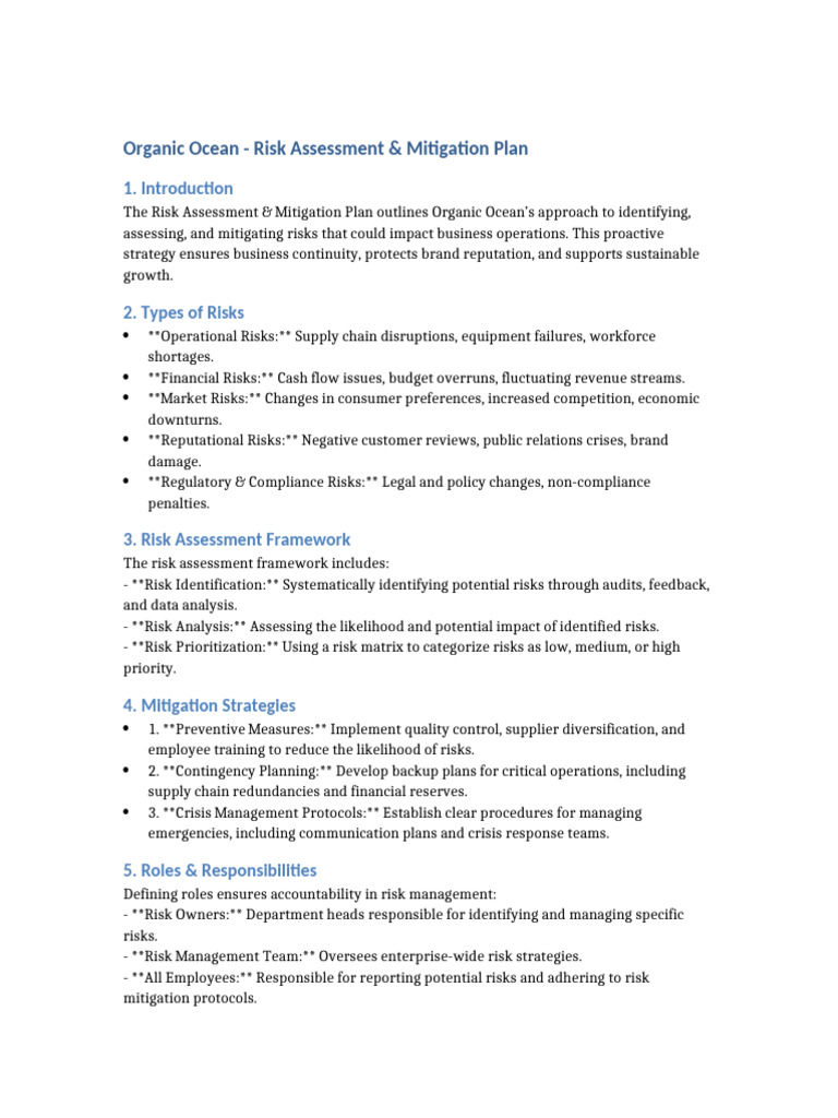 Organic Ocean Risk Assessment Mitigation Plan | PDF | Risk | Risk ...