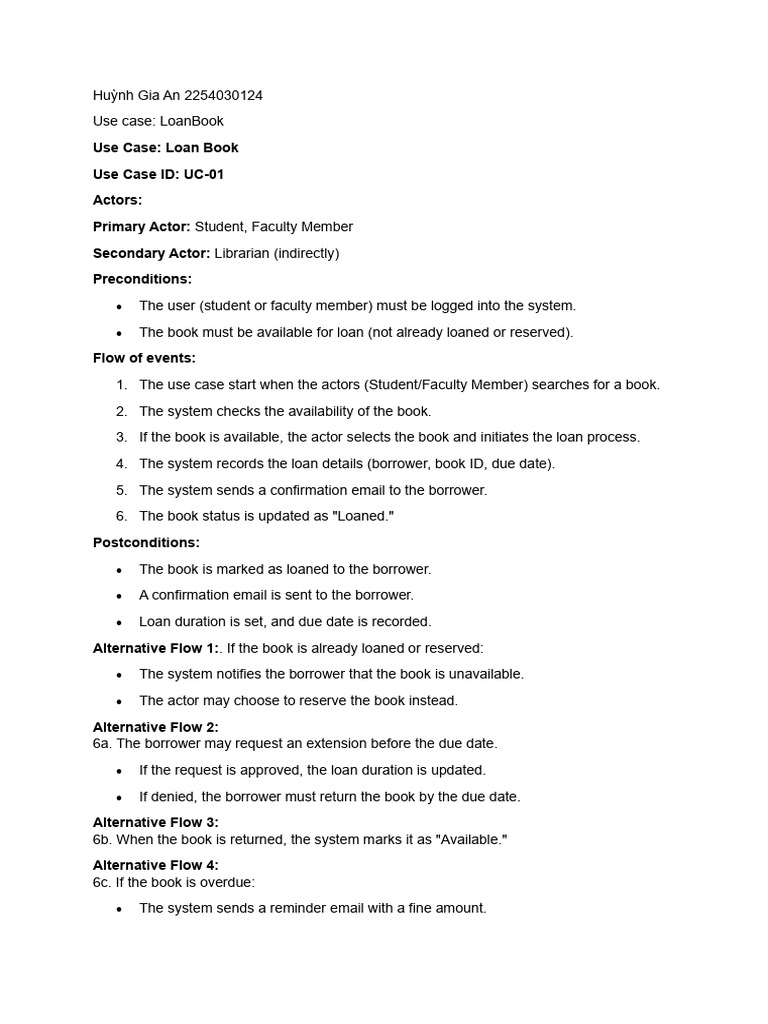 Use Case: Loan Book Use Case ID: UC-01 Actors: Primary Actor: Secondary ...