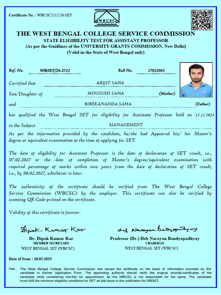 The West Bengal College Service Commission: WBSET/26-2512 17012081 | PDF