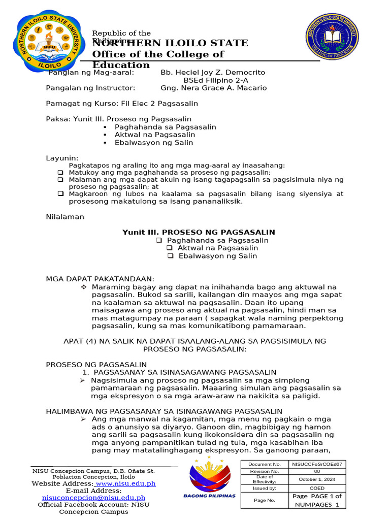 Yunit Iii Proseso NG Pagsasalin | PDF