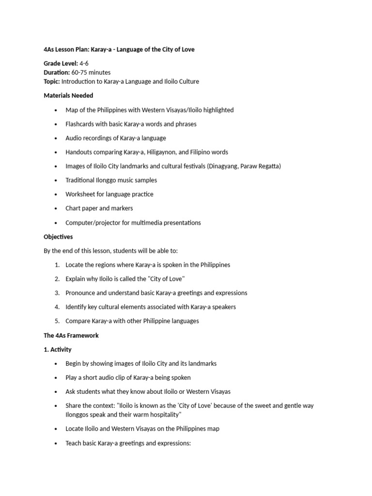 4as Lesson Plan Karay'a | PDF | Human Communication | Linguistics