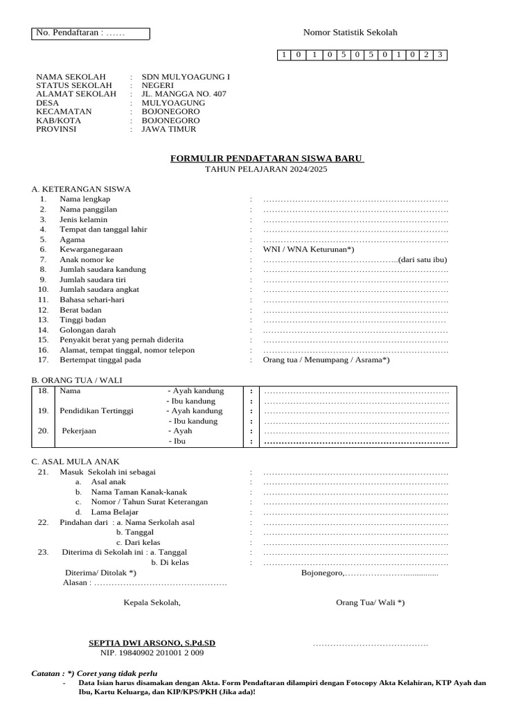 Formulir Pendaftaran Siswa SD 2024/2025 | PDF